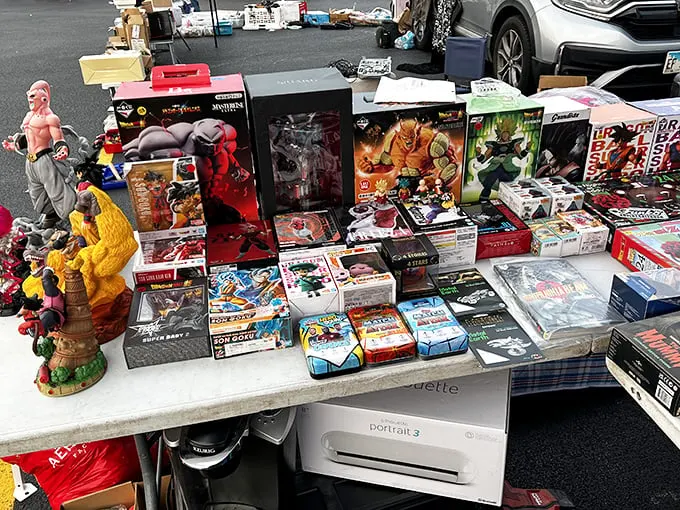 Collectible hunters strike gold at tables where anime heroes stand guard over vintage games and childhood obsessions.