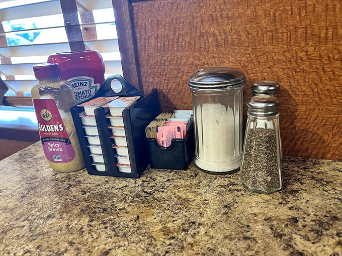 The table condiment cadre stands at attention – ketchup, mustard, sugar, and salt ready to perform their supporting roles in your culinary drama.