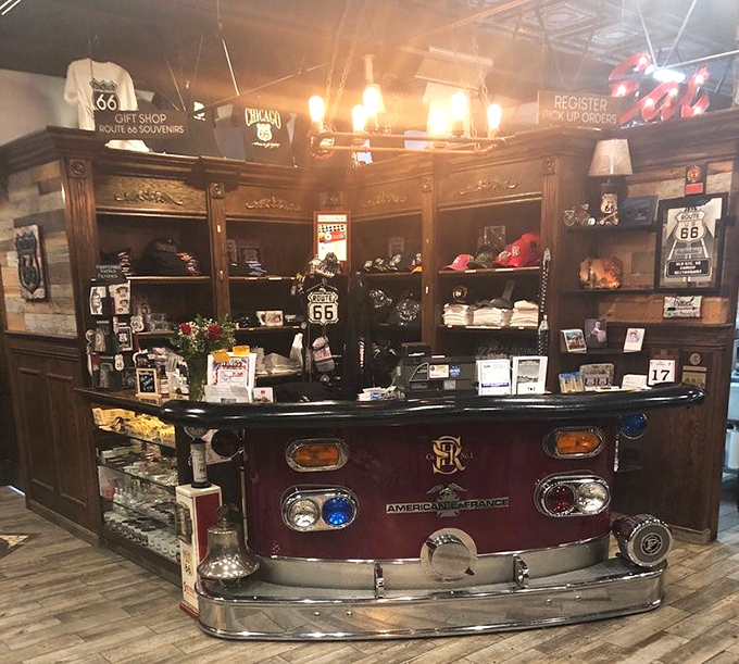 The counter isn't just repurposed—it's reincarnated from an old fire truck, serving up history with a side of clever design.
