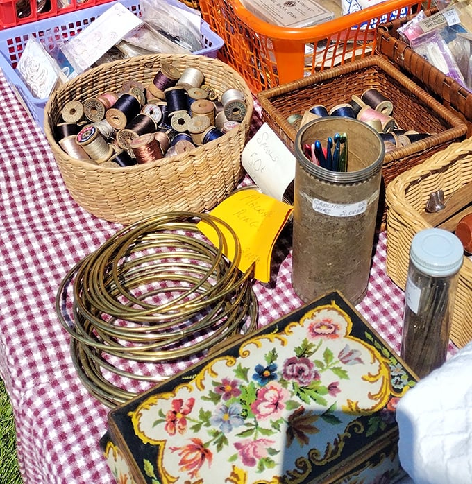 Sewing notions, thread spools, and crafting treasures – the building blocks of "homemade" from when DIY wasn't a trend but a necessity.