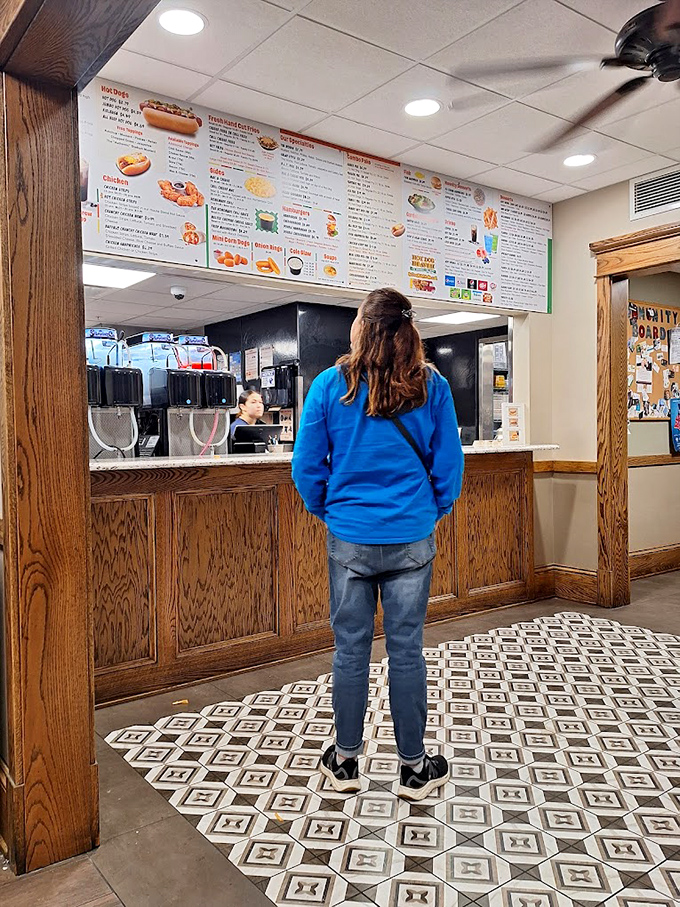 The ordering experience is refreshingly old-school—step up to the counter, place your order, and prepare for hot dog nirvana without any fancy apps or buzzers.