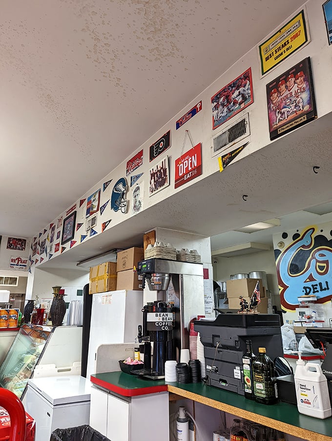 Where Philly sports loyalty decorates the walls and sandwich loyalty fills the air. Every pennant represents a team—and a regular customer's order.