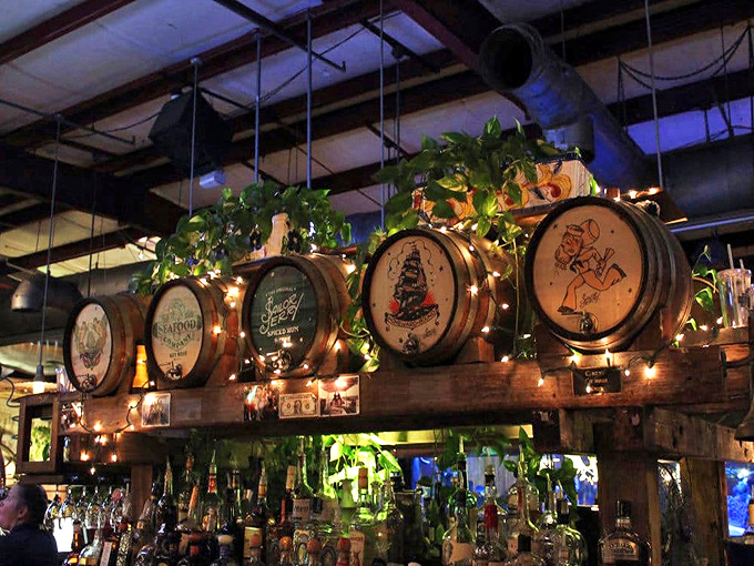 Rum barrels illuminated like maritime treasure chests. The pirates would approve of this decorating scheme.