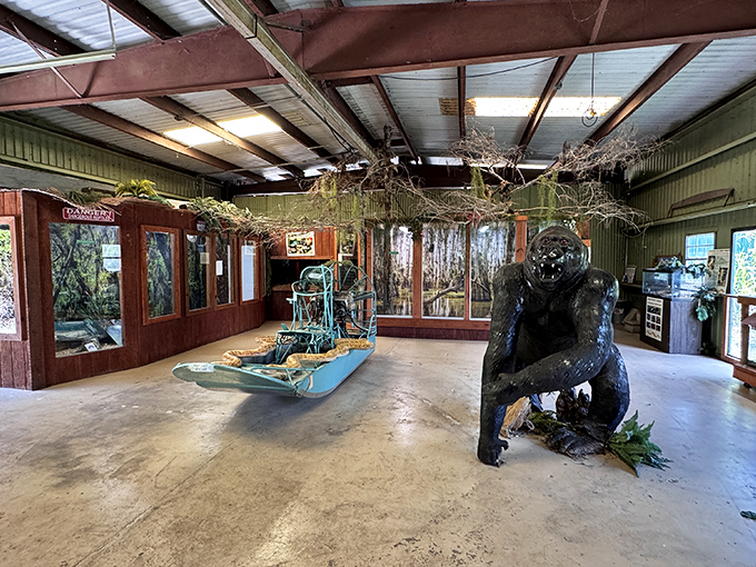 Part research facility, part roadside wonder. This exhibit space showcases the serious side of Skunk Ape studies, complete with a life-sized model contemplating its existence.