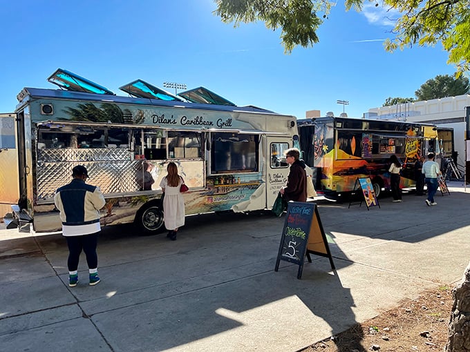 Food truck alley – where Caribbean spices meet LA appetites. The perfect refueling station between vintage vinyl hunting and furniture haggling.