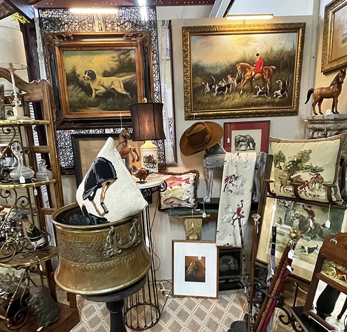 Framed hunting scenes and vintage art create a gallery where every piece tells a story of another era's aesthetic sensibilities.