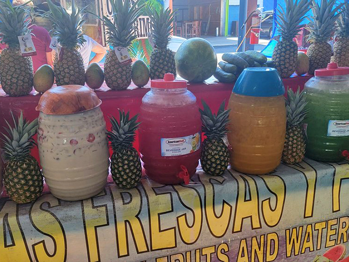Tropical refreshment station! These vibrant fruit juices and fresh pineapples are Florida sunshine in liquid form—no sunscreen required.