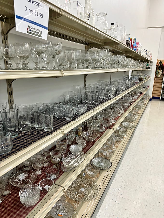 Glassware heaven where your grandmother's pattern waits to be rediscovered. Two dollars buys enough champagne flutes for a celebration worthy of Gatsby.