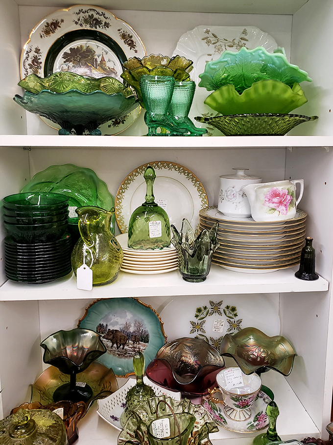 Green depression glass and delicate china tell stories of elegant dinners and careful preservation through decades when "disposable" wasn't in the vocabulary.