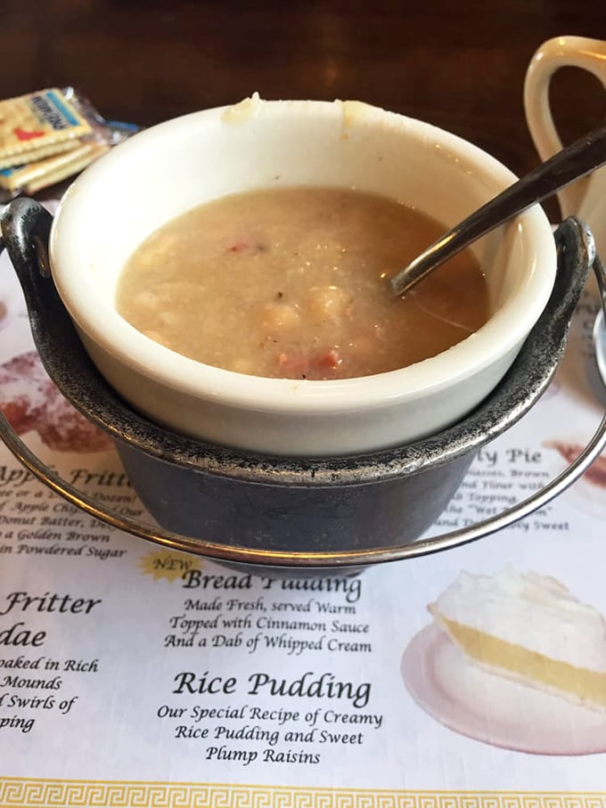 Soup that looks like it simmered while several generations of cooks told it family stories. Served in a crock that keeps its secrets – and its heat – wonderfully well.
