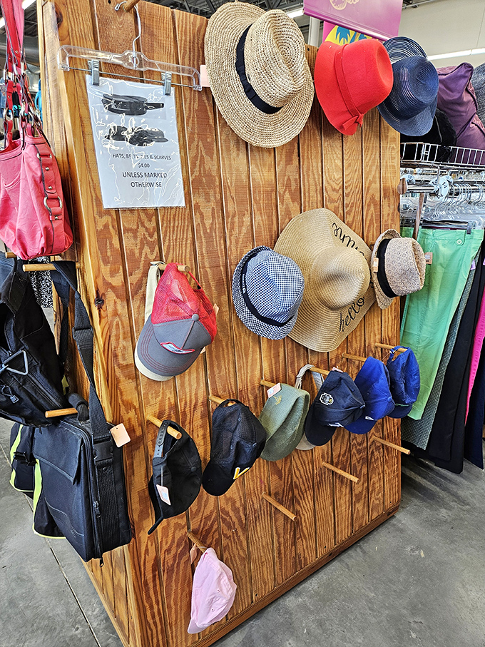 Hat heaven for sun-conscious Floridians! From practical protection to statement pieces, this wooden display offers headwear for every occasion and personality.