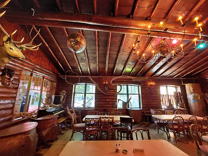 Where disco balls meet antlers and log cabin aesthetics—this isn't just dinner, it's dinner with a side of "am I in a Polish hunting lodge dream?"