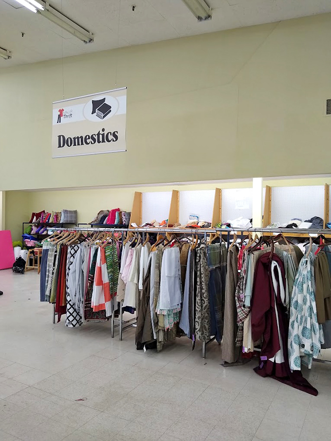 The "Domestics" section: where tablecloths and curtains get their second act. Broadway shows should have such impressive costume departments.
