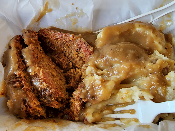 Meatloaf and mashed potatoes swimming in gravy—comfort food that hugs you from the inside out.