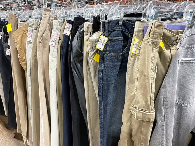 The pants parade stands at attention. From khakis that scream "casual Friday" to jeans with potential decades of comfort ahead—all pre-softened for your wearing pleasure.