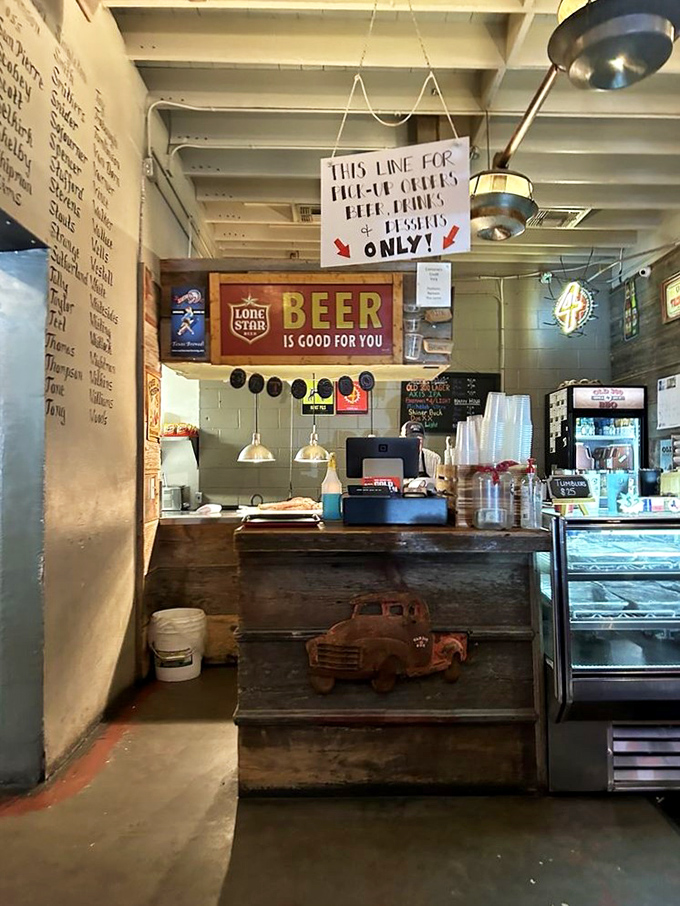 "Beer is good for you" might be the most honest sign in Texas. This ordering area tells you they've got priorities straight.