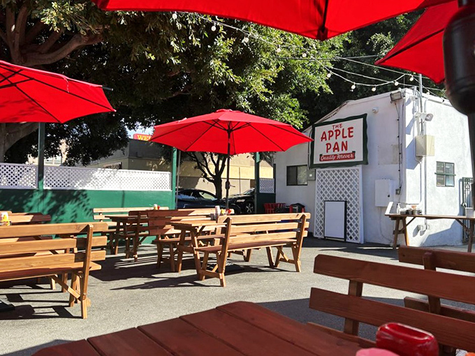 The outdoor seating area feels like finding extra space in your LA apartment – an unexpected bonus that makes you wonder how you got so lucky.