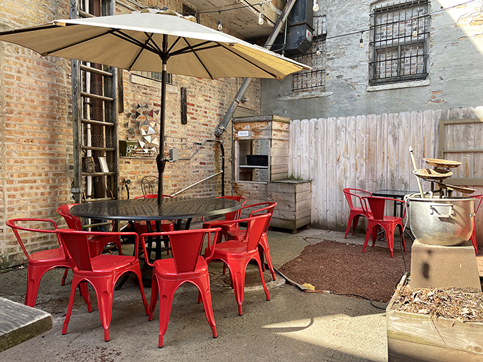 Urban oasis patio dining where you can contemplate life's sweetness while actually tasting it in pie form.