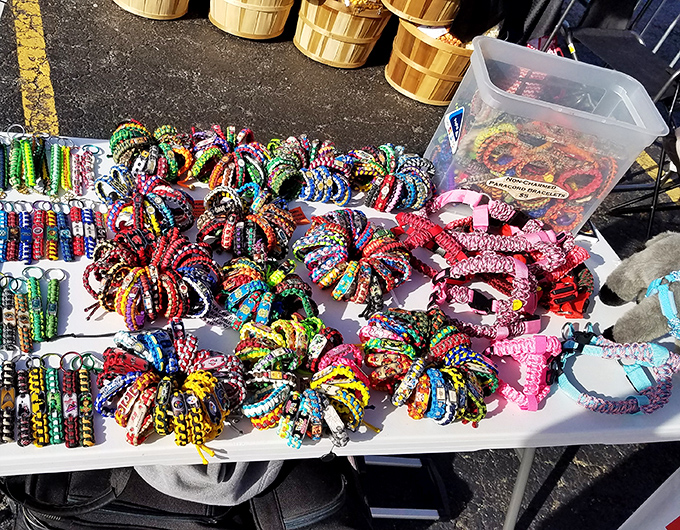 Paracord bracelets in every color imaginable—practical fashion for those preparing for both compliments and zombie apocalypses.