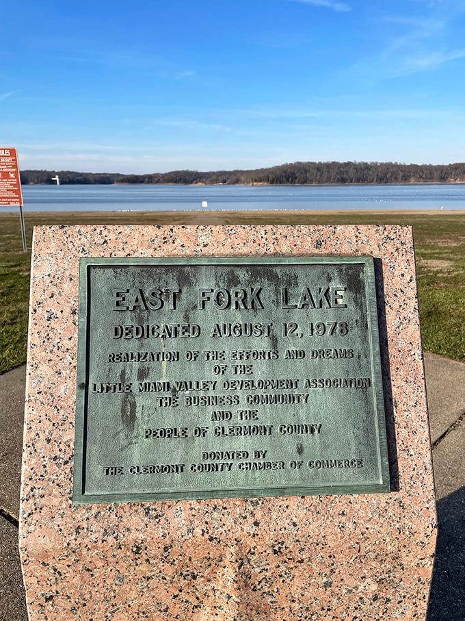 History set in stone: East Fork Lake's dedication plaque reminds us this paradise was created through community vision in 1978.