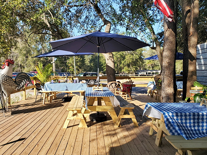 Outdoor dining under Florida oaks with checkered tablecloths—because sometimes the best seasoning is a gentle breeze and dappled sunlight.