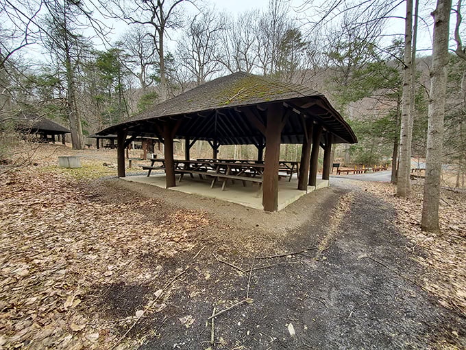These pavilions understand that great gatherings need shelter, not fancy decorations or expensive furniture.