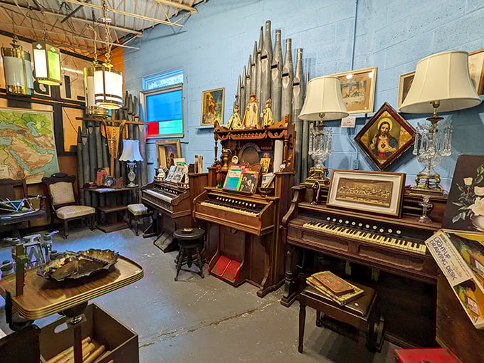 The piano corner isn't just instruments—it's a symphony of craftsmanship from when entertainment meant making music yourself, not streaming it.