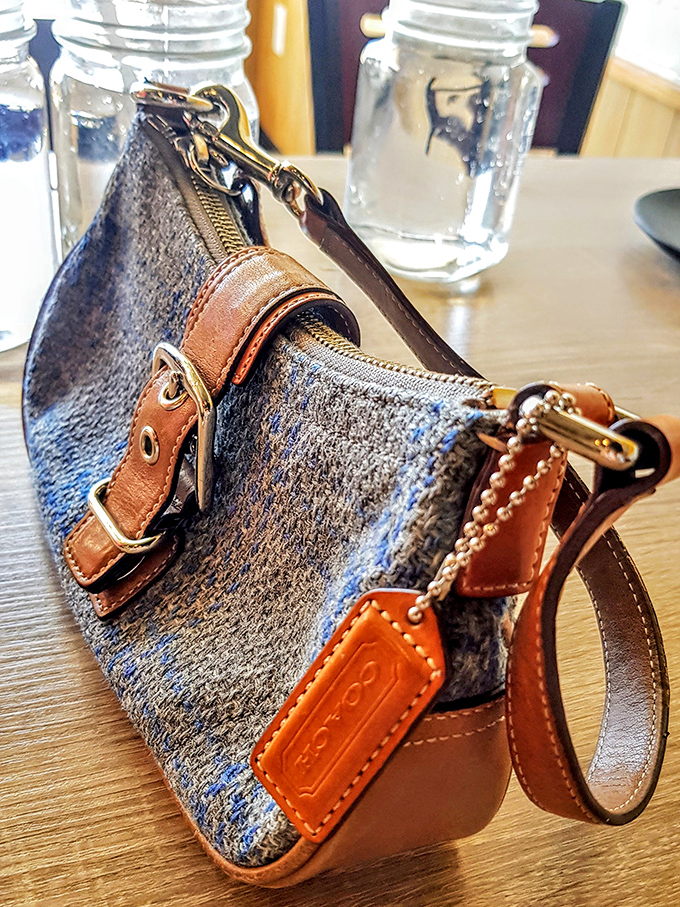 
A Coach wristlet lounging between mason jars—the thrift store equivalent of finding Meryl Streep in your local community theater. 