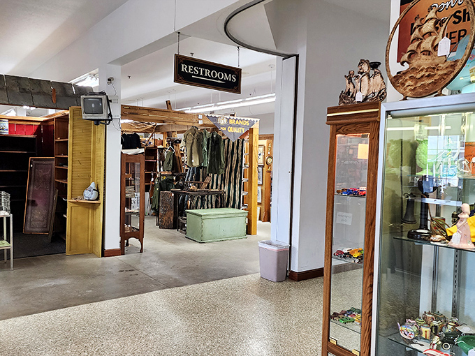 Even the "Restrooms" sign has vintage appeal. In this place, every corner tells a story—some more necessary than others.