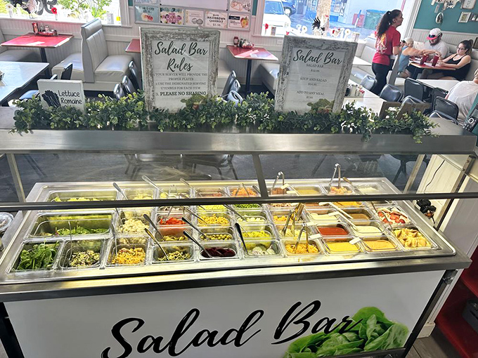 A salad bar that proves healthy eating doesn't have to be punishment. Fresh, colorful, and abundant—like a garden that organized itself for your convenience.