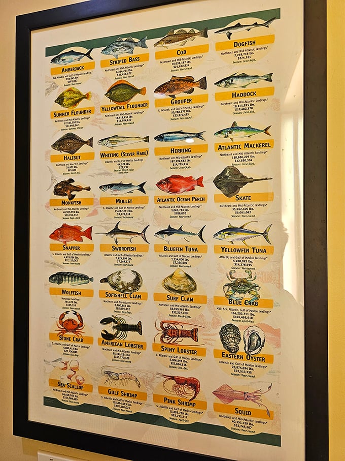 This seafood chart isn't just decoration—it's a maritime road map to deliciousness. Study it like you're cramming for the most delicious exam ever.
