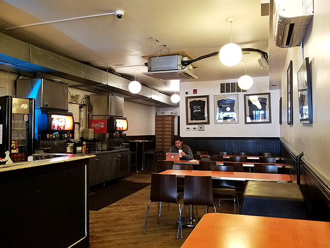 The calm before the lunchtime storm. These tables will soon host the happy faces of cheesesteak enthusiasts experiencing pure sandwich bliss.