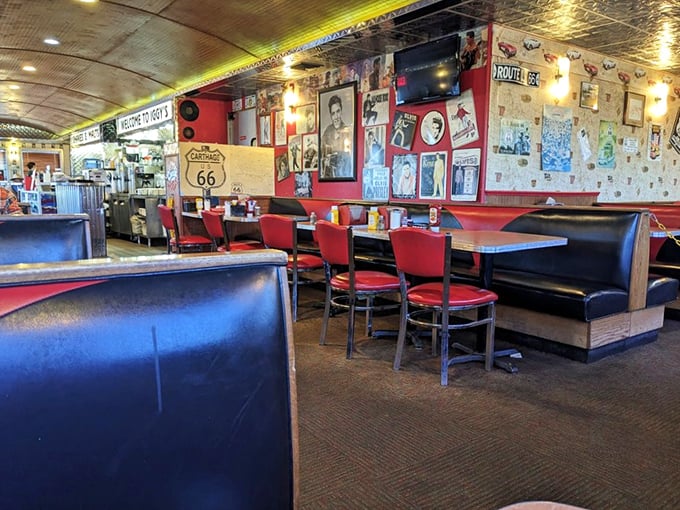 The dining room feels like a '50s time warp where calories don't count and Route 66 memorabilia tells stories from the road.