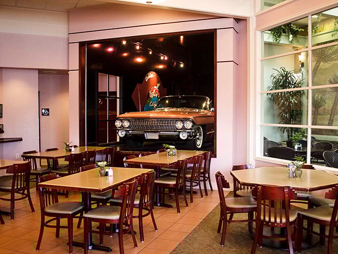 The pièce de résistance: an actual vintage Cadillac parked inside the restaurant. Now that's commitment to a theme!