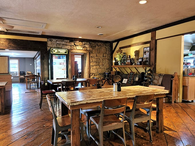 The dining room feels like the living room of that friend who always throws the best dinner parties—rustic, warm, and ready for lingering conversations.