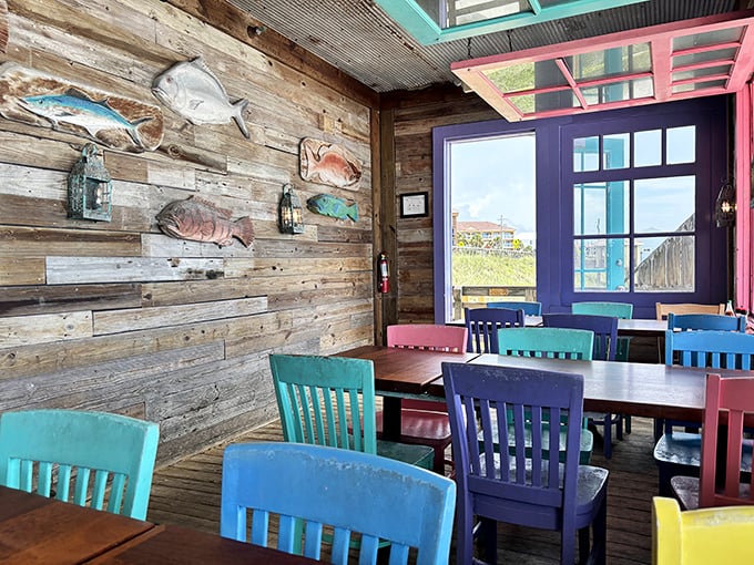 Wooden walls adorned with colorful fish mounts create the perfect backdrop for those vibrant chairs—like dining inside a cheerful shipwreck.