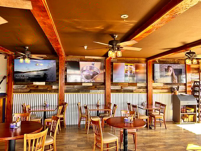Rustic meets refined in this dining space where wooden beams and corrugated metal create the perfect backdrop for seafood storytelling.