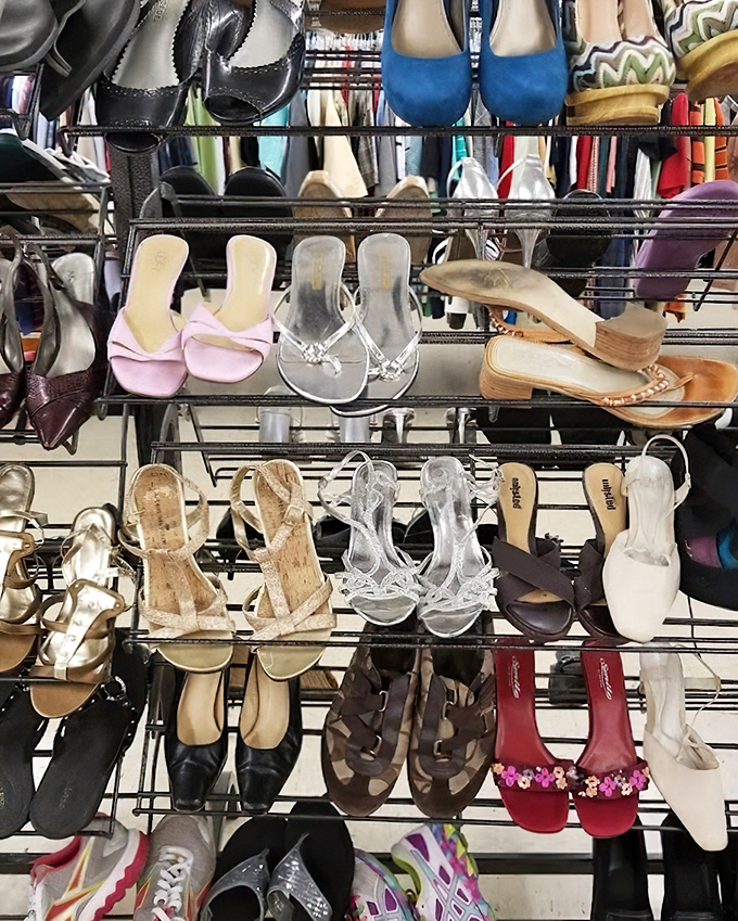 Shoe paradise! Heels, flats, and sandals in every color imaginable—all previously danced in, but ready for new adventures. Your glass slipper awaits.