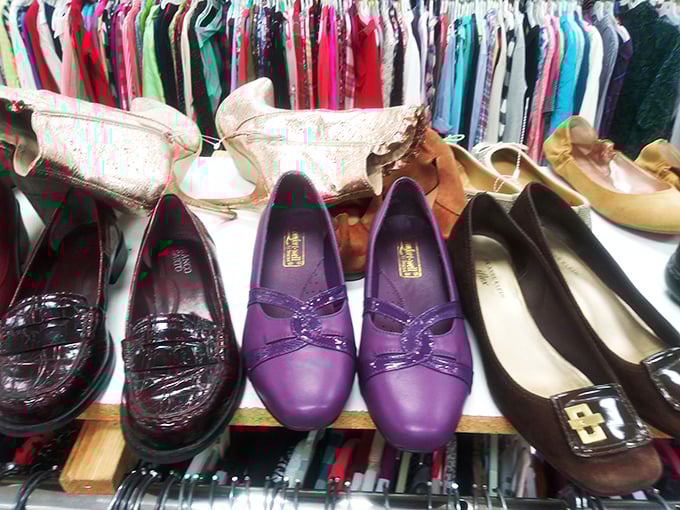 Shoe symphony in purple and gold. Each pair represents a road not taken—or your next favorite footwear find.
