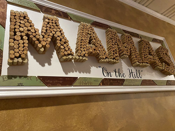 Wine corks spell out the restaurant's name - proof that great meals and creative recycling can happily coexist under one roof.