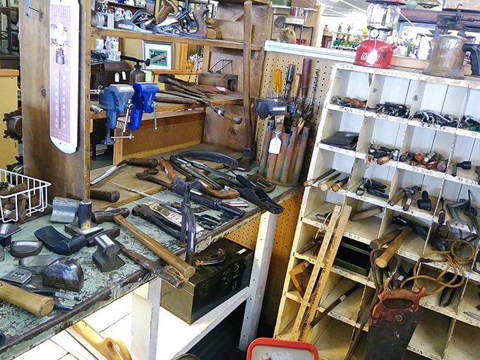 A handyman's paradise of vintage tools, where craftsmanship meets function in a display that would make your grandfather nod with approval.
