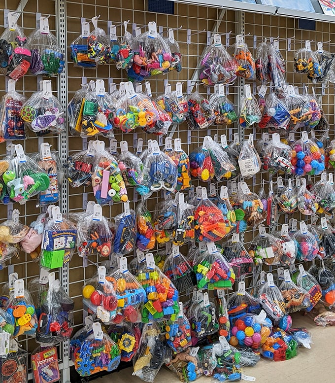 Toy bundles hanging like colorful piñatas—plastic joy suspended in mid-air, waiting for small hands and big imaginations.