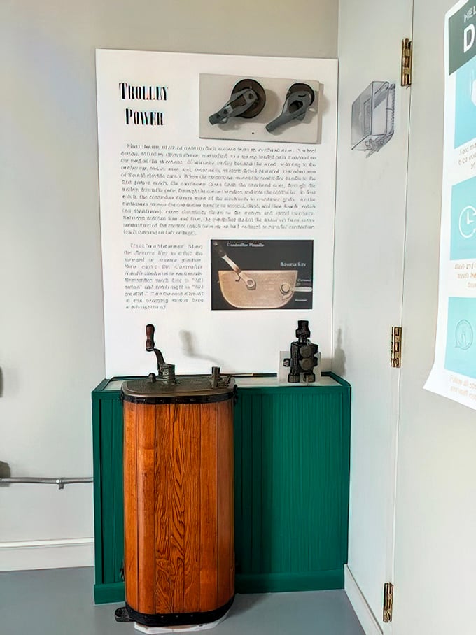 The "Trolley Power" exhibit demonstrates the ingenious mechanics that kept cities moving. This wooden controller once channeled electricity that moved tons of metal through city streets.