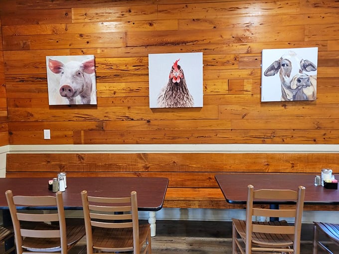 Farm-to-wall art that reminds you exactly where your breakfast began—with creatures looking suspiciously pleased about their contribution.