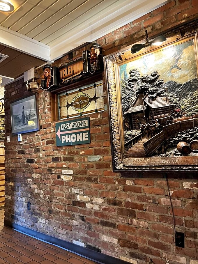 Vintage signs and nautical artwork transform brick walls into a maritime museum where you can eat the exhibits—well, their distant relatives anyway.