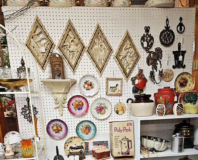 Wall art that spans generations—from diamond-framed birds to decorative plates that once graced Sunday dinner tables across America.