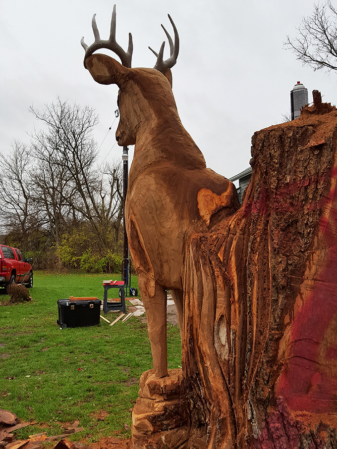 From tree trunk to masterpiece—this wooden deer sculpture captures the spirit of the park's wild residents with impressive craftsmanship.