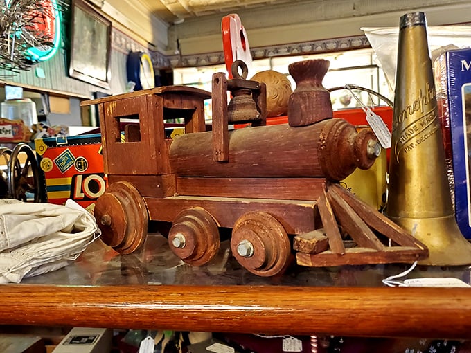 This wooden locomotive has survived decades without derailing. Unlike that train set your dad assembled after three eggnogs on Christmas Eve.