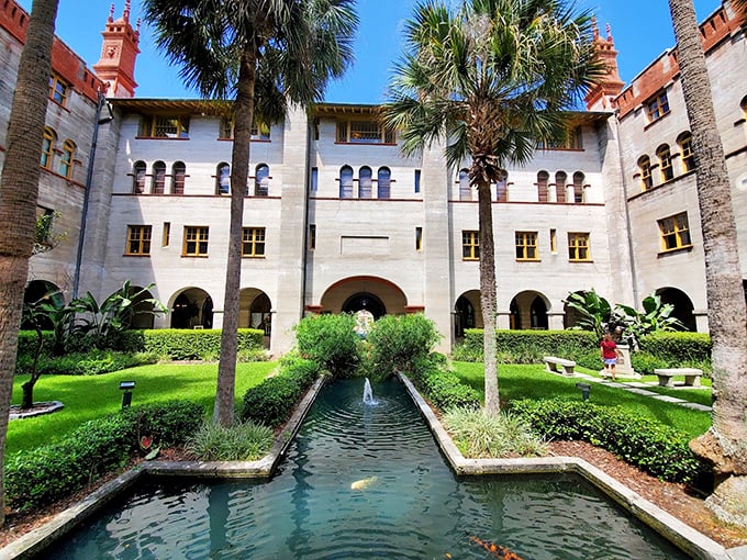 A serene courtyard with reflecting pool – the perfect counterpoint to the wonderfully weird collections inside.
