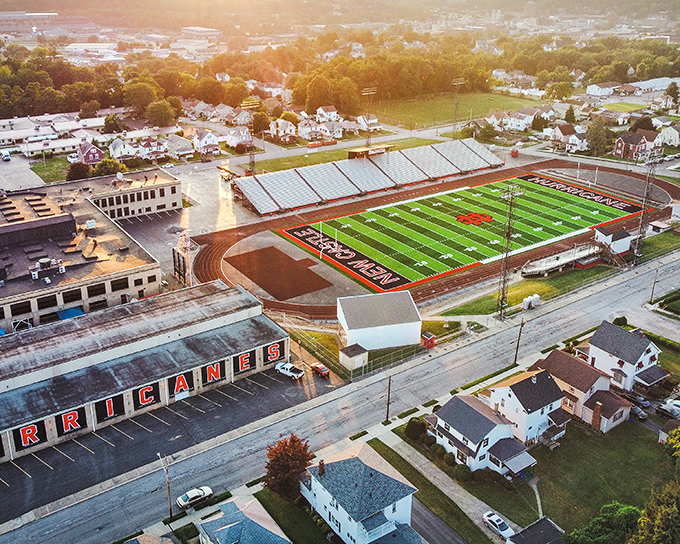 Autumn colors frame New Castle's football field – where Friday night lights illuminate a town that's gentle on your retirement budget.